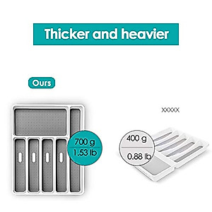 SUJUDE Silverware Drawer Organizer - Non Slip Utensil Tray Narrow, Kitchen Cutlery Tray Drawer Organizers Plastic 6 Compartment Gray Tray