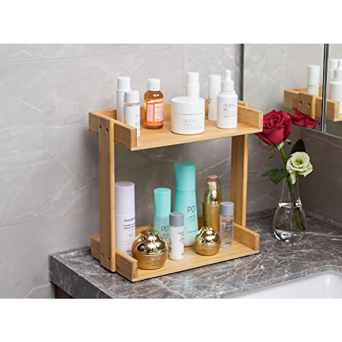 BATKIHO Bathroom Countertop Organizer, 2-Tier Bamboo Vanity Skincare Perfume Organizer, Bathroom Perfume Trays for Makeup Organization and Decor