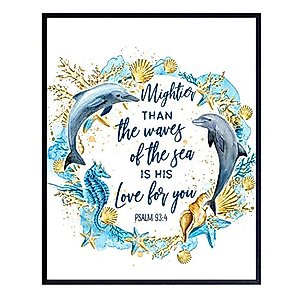 Ocean Dolphins Bible Verse Religious Wall Art - Inspirational Quote Christian Scripture Room Decoration for Bathroom, Bedroom - Nautical Beach House Poster - Mightier Than the Waves Blue Wall Decor