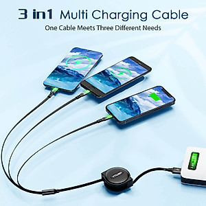 Multi Charger Cable 3A [4Ft 2Pack] Multi Charging Cable 3 in 1 Retractable Charging Cord Multi USB Cable with Lightning/Type C/Micro USB Port for Cell Phones/Samsung Galaxy/LG/Huawei/Tablets/PS & More