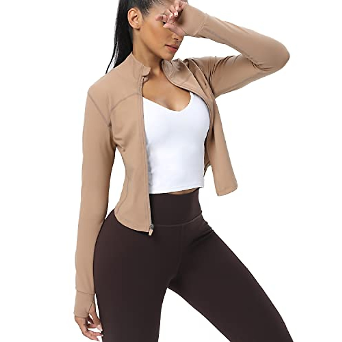 AVGO Women's Cropped Running Workout Jackets Zip Slim Fit Athletic Tops with Thumb Holes(Cream Coffee, S)