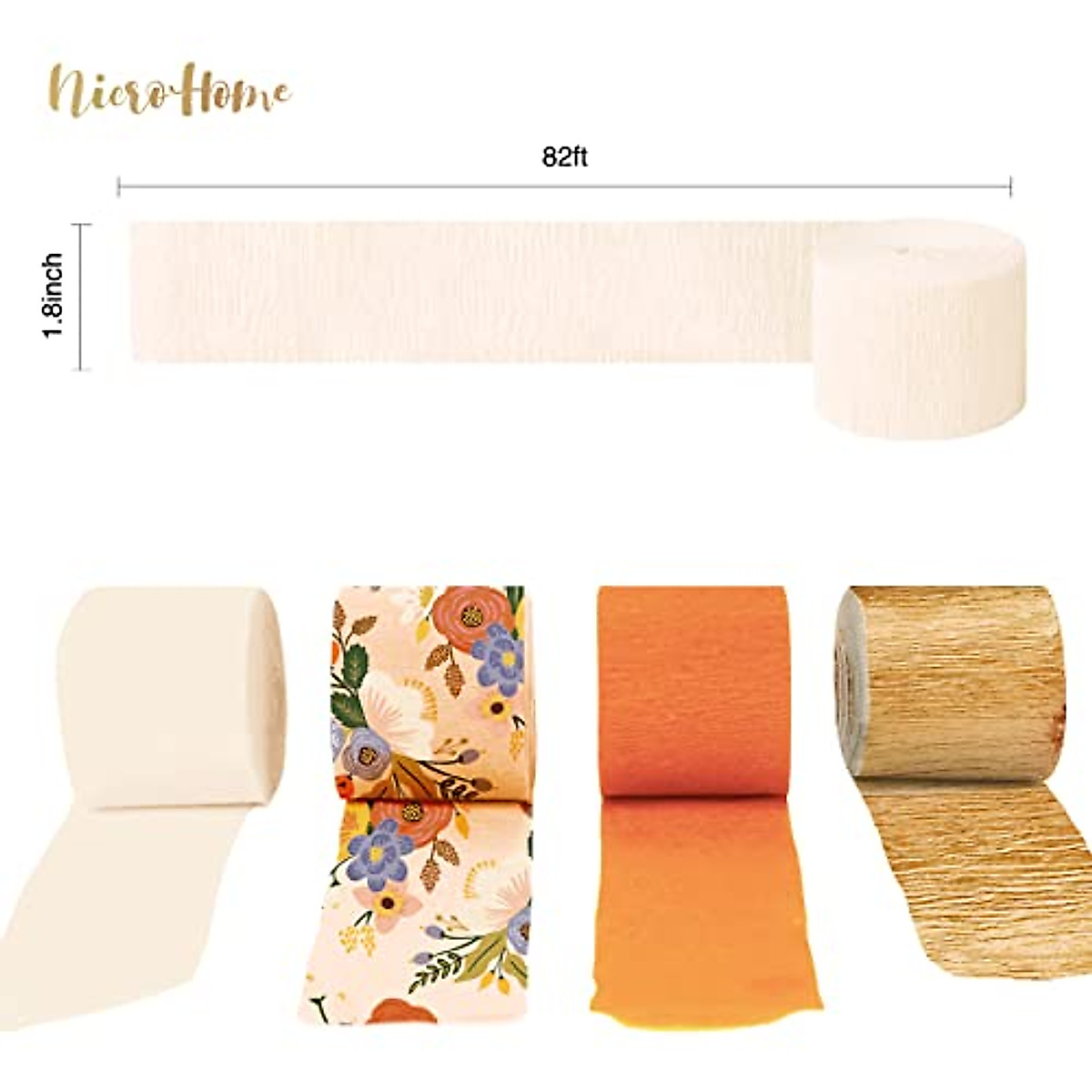 NICROHOME Wedding Party Decorations, 8 Rolls Retro Orange Flower Pattern Crepe Paper Streamers for a Boho/Floral Theme, Rustic Wedding, Engagement, Bridal Shower, Baby Showers, Birthday
