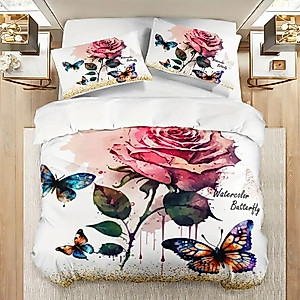 JAQWLL 3pcs Fashion Fresh Duvet Cover Set, Butterfly Floral Print Bedding Set, Soft Comfortable and Skin-Friendly Duvet Cover, for Bedroom Guest Room (1*Duvet Cover + 2*Pillowcase, Without Core) Twin