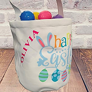 Personalized Easter Baskets for Kids Empty - Bucket for Egg Hunting - Custom Name - Canvas Pail with Handles