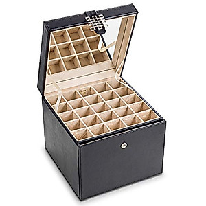 Glenor Co Earring Organizer Holder - 75 Small & 4 Large Slots Classic Jewelry Box with Drawer & Modern Closure, Mirror, 4 Trays Earrings, Ring or Chain Storage - PU Leather Case - Black