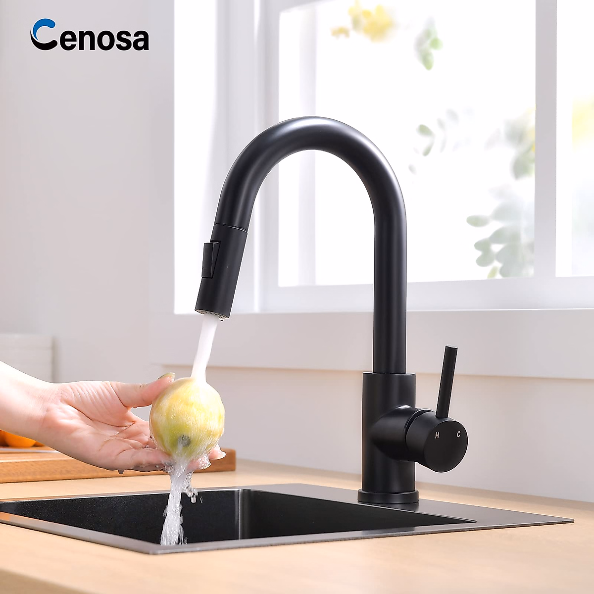 Cenosa Modern Bar Sink Faucet for Kitchen Sink Single Handle with Pull Out Sprayer Hot and Cold Prep Sink Faucet Matte Black