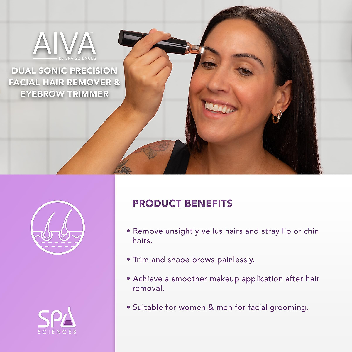 SPA SCIENCES - AIVA - The 2-in-1 Facial Hair Remover & Eyebrow Trimmer with Built-in LED Lights