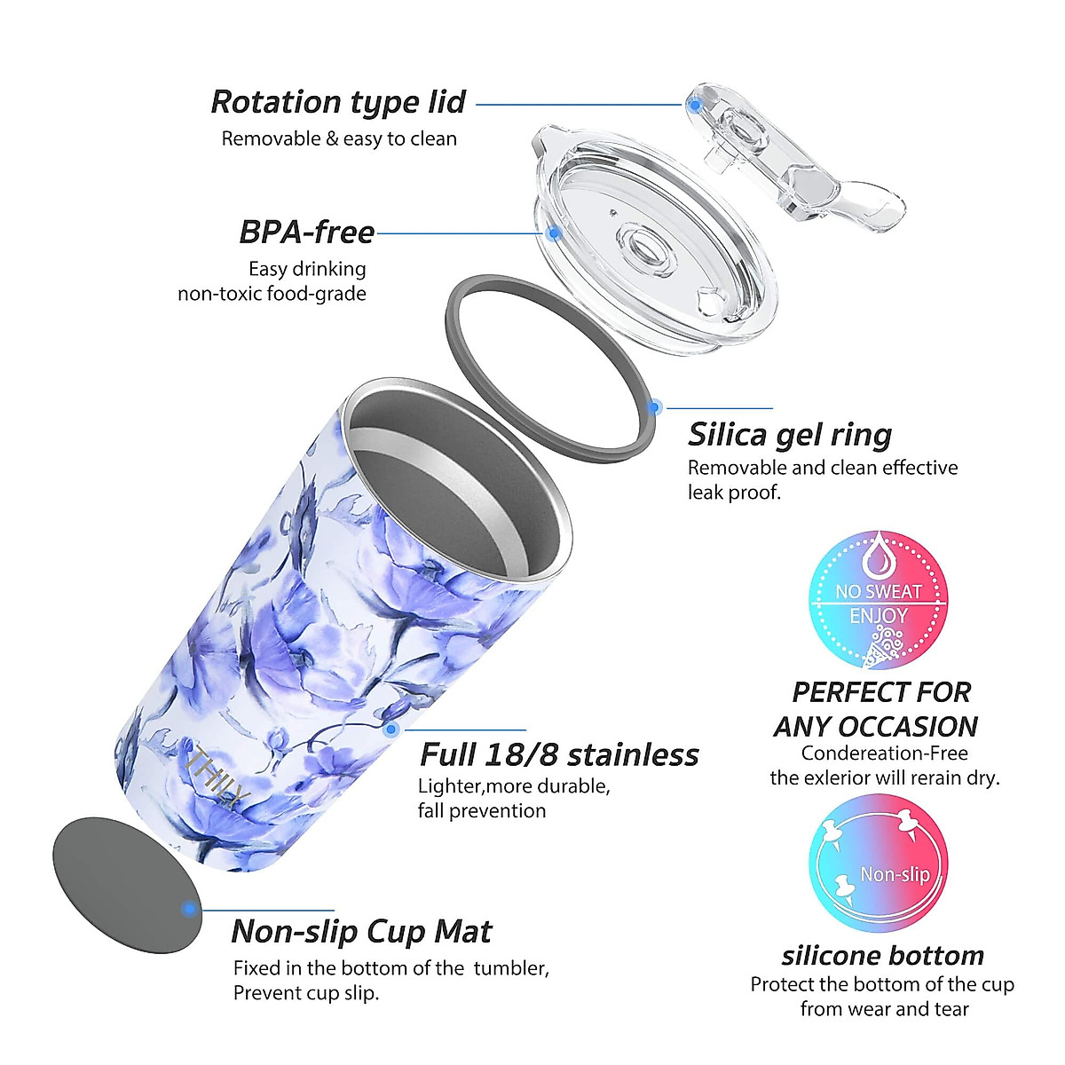 THILY Stainless Steel Tumbler Coffee Cup 20 oz Triple-Insulated Travel Mug with Splash-Proof Lid, for Ice Drinks and Hot Beverage Coffee Cup, Outdoor Gift for Women, Iridaceae