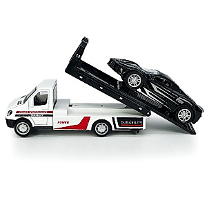 Flatbed Truck Toy Rescue Tow Truck Transport Trailer Car Carrier Metal Diecast Pull Back Vehicles 2 in 1 Vehicle Playset Toy Trucks for Boys Kids Toddlers Birthday Gifts for Age 3 4 5 6, White