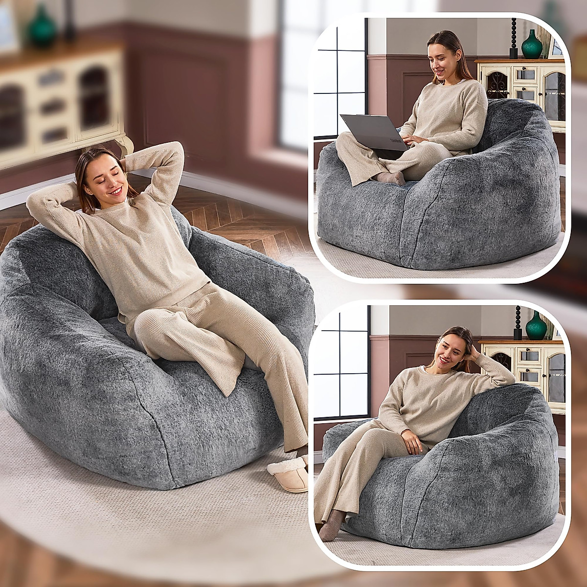 Homguava Giant Bean Bag Chair,Bean Bag Sofa Chair with Armrests, Bean Bag Couch Stuffed High-Density Foam, Plush Lazy Sofa Comfy Chair,Large BeanBag Chair for Adults in Livingroom,Bedroom (Grey)