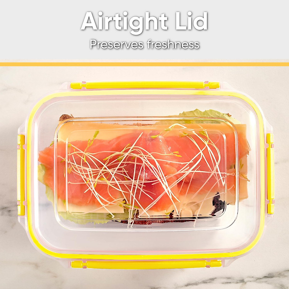 Superio Plastic Airtight Food Storage Containers, Set of 4 Sealed Clear Container Bowls with Lids, BPA Free, Rectangular, Yellow