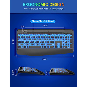 Wireless Keyboard with 7 Colored Backlits, Wrist Rest, Phone Holder, Rechargeable Ergonomic Computer Keyboard with Silent Keys, Full Size Lighted Keyboard for Windows, Mac, PC, Laptop (Black)
