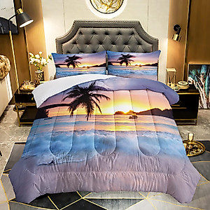 AILONEN Beach Comforter Set for Kids Boys Girls, Ocean Theme Bedding Set Full Size,Beach Pattern Quilted Duvet,Ultra Soft Coastal Beach Quilt,1 Comforter 2 Pillowcases 3 Piece