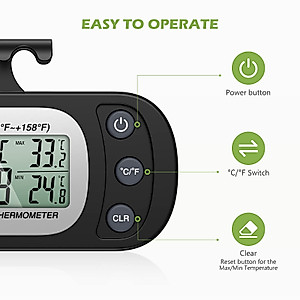 KeeKit Digital Refrigerator Thermometer, 2 Pack Upgraded Freezer Thermometer with LCD Display, ℃/℉ Switch, Max/Min Record, Refrigerator Freezer Thermometer for Kitchen - Black