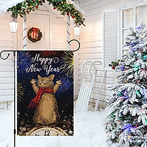 Happy New Year Cat Garden Flag 12x18 Double Sided Vertical, Burlap Small Celebration Fireworks Clock Welcome New Year Eve Yard Flag Sign (ONLY FLAG)