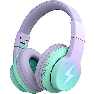Kids Bluetooth Headphones, Colorful Wireless Over Ear Headset with LED Lights, Built-in Mic, 45H Playtime, 85dB/94dB Volume Limited Headphones for Boys Girls iPad Tablet School Airplane Green Purple