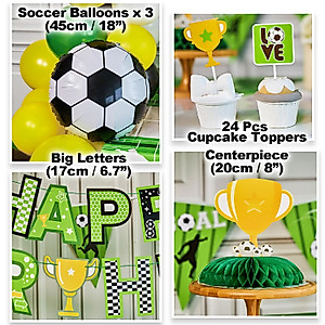 Homarkable Soccer Party Decorations, 91 Pcs Soccer Birthday Decorations Party Supplies with 24 Pcs Soccer Cake Toppers, Soccer Balloons, Tablecloth (84” x 55’) Happy Birthday Banner and Centerpiece