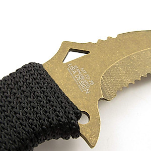 MTECH USA – Fixed Blade Knife – Gold Partially Serrated Stainless Steel Karambit Blade w/Black Cord Wrapped Handle, Full Tang, Black Nylon Sheath - Hunting, Camping, Survival, EDC – MT-20-76GD