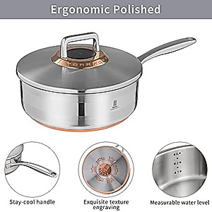 RD ROYDX Stainless Steel Deep Saute Pan With lid Copper Core 10 Inch Tri-ply Impact-bonded Base Technology Frying Pans for Cooking