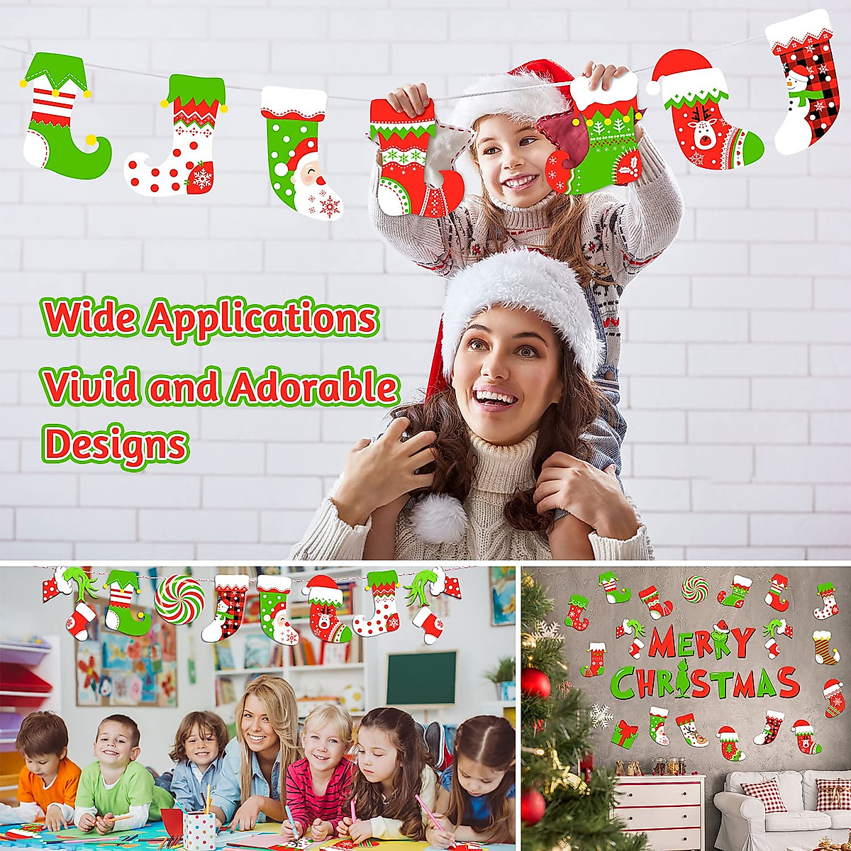 Christmas Stocking Cutouts Bulletin Board Decorations Set, Grinch Merry Christmas Letters, Whoville Christmas Party Supplies for Toddler Kid’s Room Students, Xmas School Holiday Classroom Decor