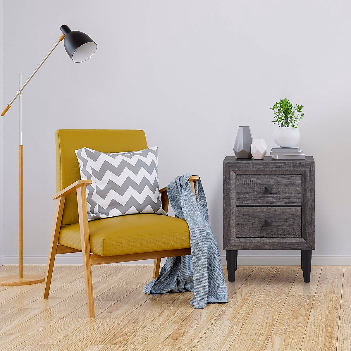 Giantex Nightstand with Drawer, Fully-Assembled 2-Drawer Bedside Tables with Solid Wood Legs for Bedroom, Modern Night Stand Side Table for Small Space Living Room, Grey