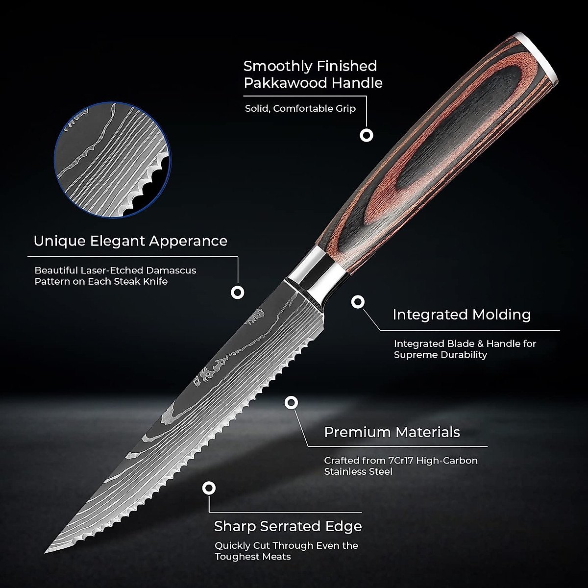 SENKEN Professional Steak Knife Set with Damascus Pattern - Razor Sharp Serrated Stainless Steel & Wood Handle (Steak Knives Set of 6)