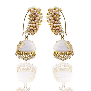 Moonstruck Golden Meenakari Jhumkas With White Pearls For Women (Green) (White)