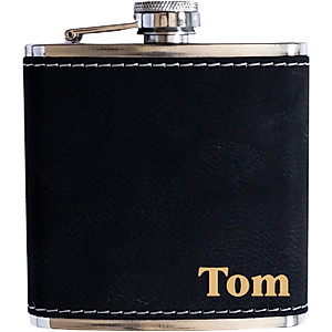 Personalized Flask For Wedding Gift. Customized Flask Gift Set. Engraved Leatherette Flask With Optional Gift Box For Groomsmen Gifts. Engraved Flask (Black & Gold)