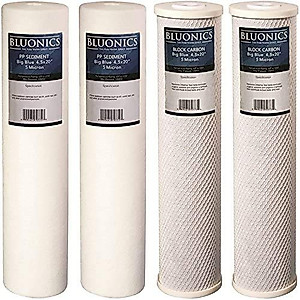 BLUONICS Sediment & CTO Carbon Block Water Filters 4-pack (5 Micron) 4.5" x 20" Whole House Cartridges for Rust, Iron, Sand, Dirt, Sediment, Chlorine, Insecticides and Odors