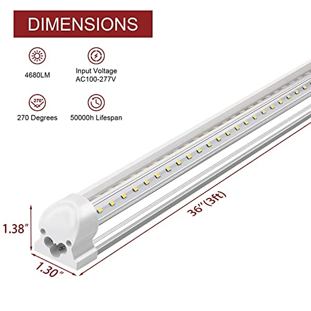 Kihung 3FT LED Shop Light Fixture, V Shape T8 Tube Light, 36W, 4680lm, 6000K, Linkable LED Shop Light Fixture, 3 Foot Tube Light, Corded Electric with Built-in ON/Off Switch (8 Pack)