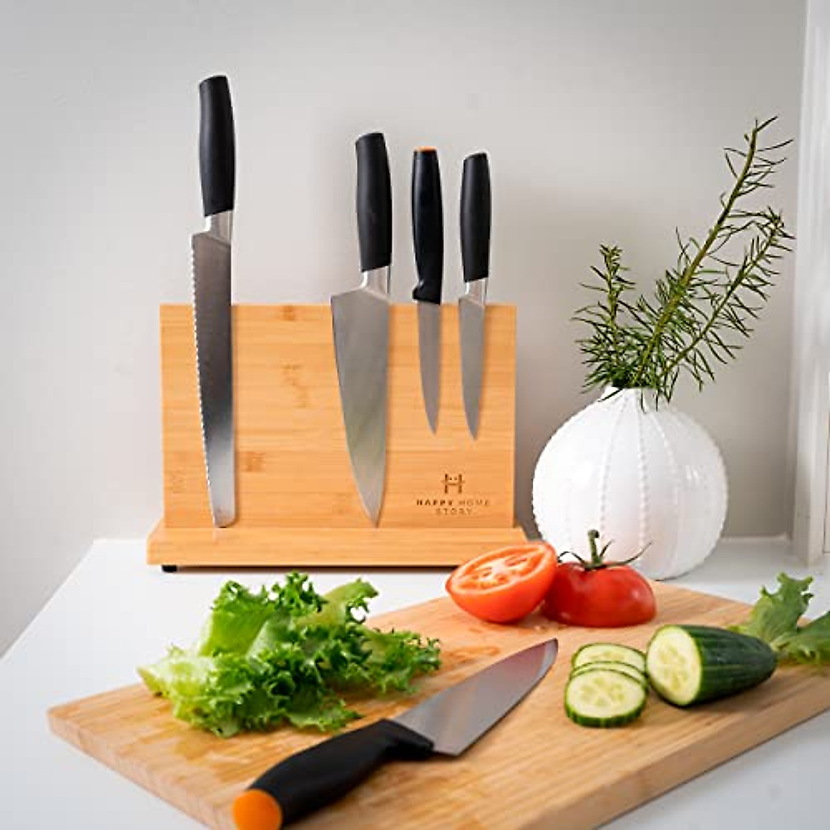 Magnetic Bamboo Knife Block 12", Double sided space saving freestanding storage holder for knives, handmade universal cutlery organizer stand with magnets in a bamboo outer layer, Without Knives
