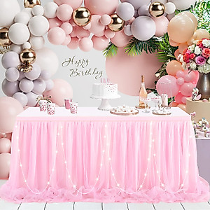 6ft Pink Tulle Table Skirt for Rectangle Tables or Round Tables with LED Lights Baby Shower Tablecloth Tutu Table Skirts for Princess Girl Birthday Party Cake Dessert Table Decorations
