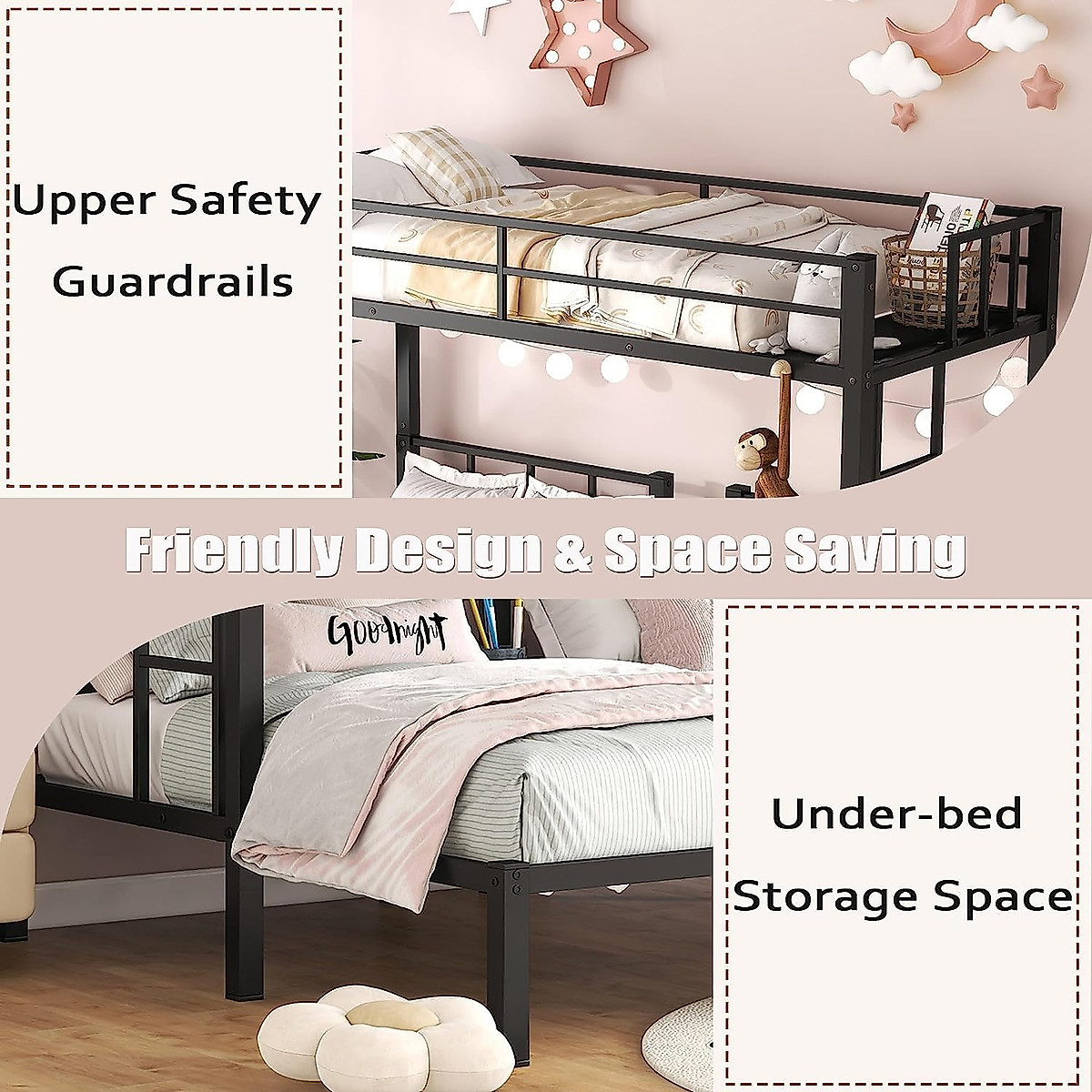 MERITLINE Triple Bunk Beds for 3, Metal Bunk Bed Twin Over Twin & Twin Size, Three Bed Bunk Beds for Kids, Teens,Can be Separated into 3 Twin Beds, Black