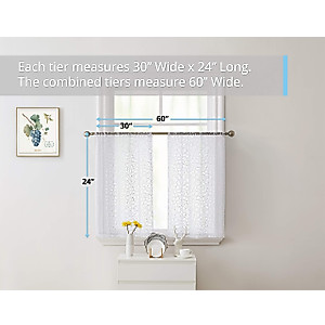 HLC.ME Audrey Embroidered Sheer Voile Window Curtain Short Rod Pocket Tiers for Kitchen, Bedroom, Small Windows and Bathroom (30 x 24 inch Long, White)