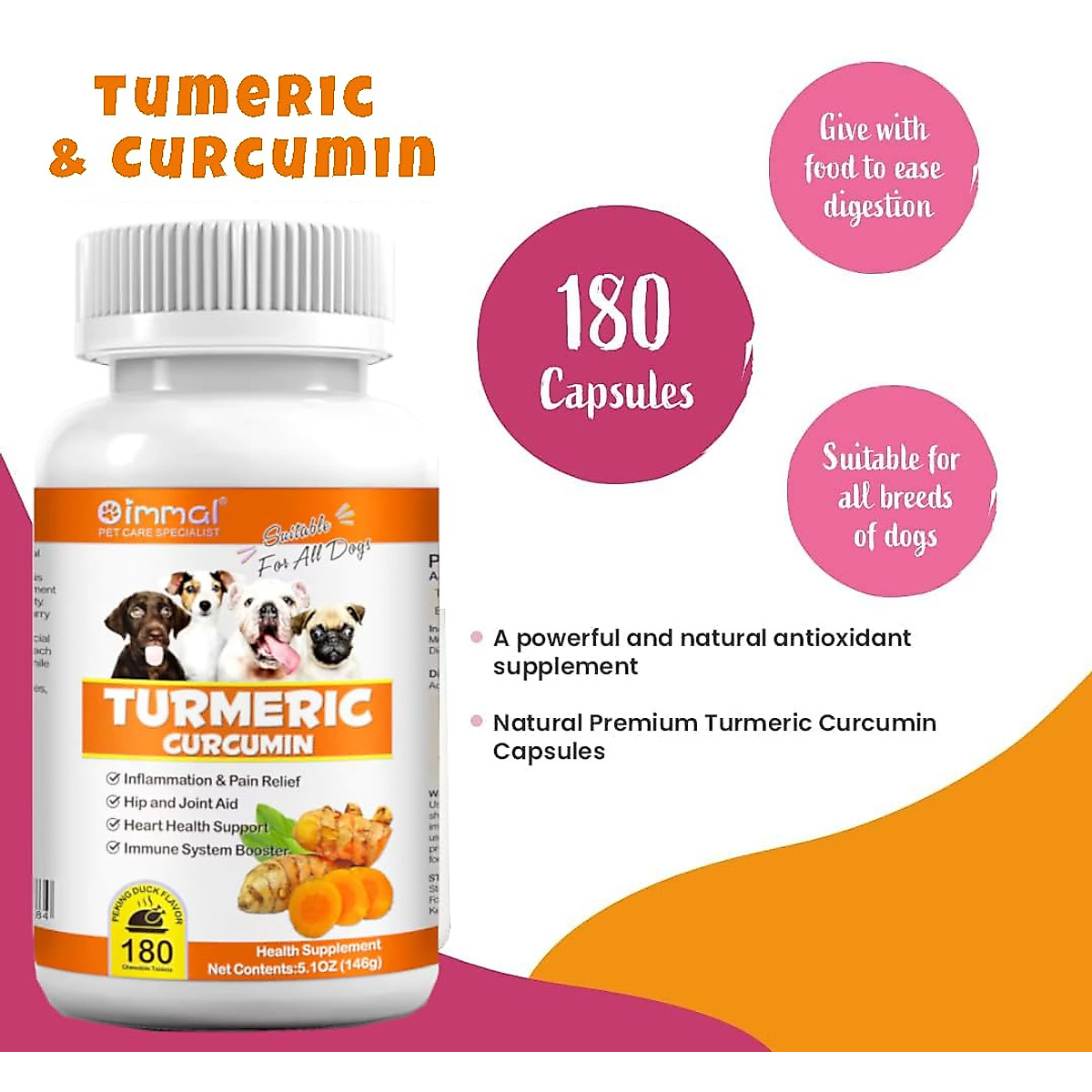 Tumeric and Curcumin for Dogs - 180 Count Tablet Treats – Helps Shedding, Skin Allergy, Itch and Dry Skin Relief, Hot Spots - Joint Health - Skin and Coat Supplement - Salmon Oil - Duck Flavor