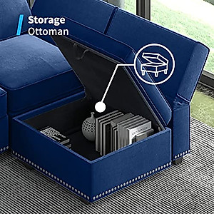 Mjkone Velvet Modular Sectional Sofa with Adjustable Armrest and Backrest for Living Room，U Shaped Couch 6 Seater Convertible Sectional Couch with Indidual Storage Ottoman -Velvet Blue