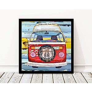 Get Your Kicks, Classic Antique Car Van Camper Danny Phillips Art Print, Unframed, Route 66 Retro Art Wall and Home Decor Poster, Mixed Media Collage Painting, All Sizes