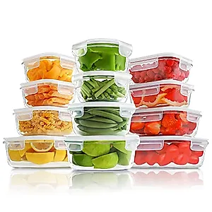 HOMBERKING 12 Sets Glass Food Storage Containers with Lids, Glass Meal Prep Containers, Airtight Glass Bento Boxes, BPA Free & Leak Proof, Pantry Kitchen Storage(12 lids & 12 Containers) - White