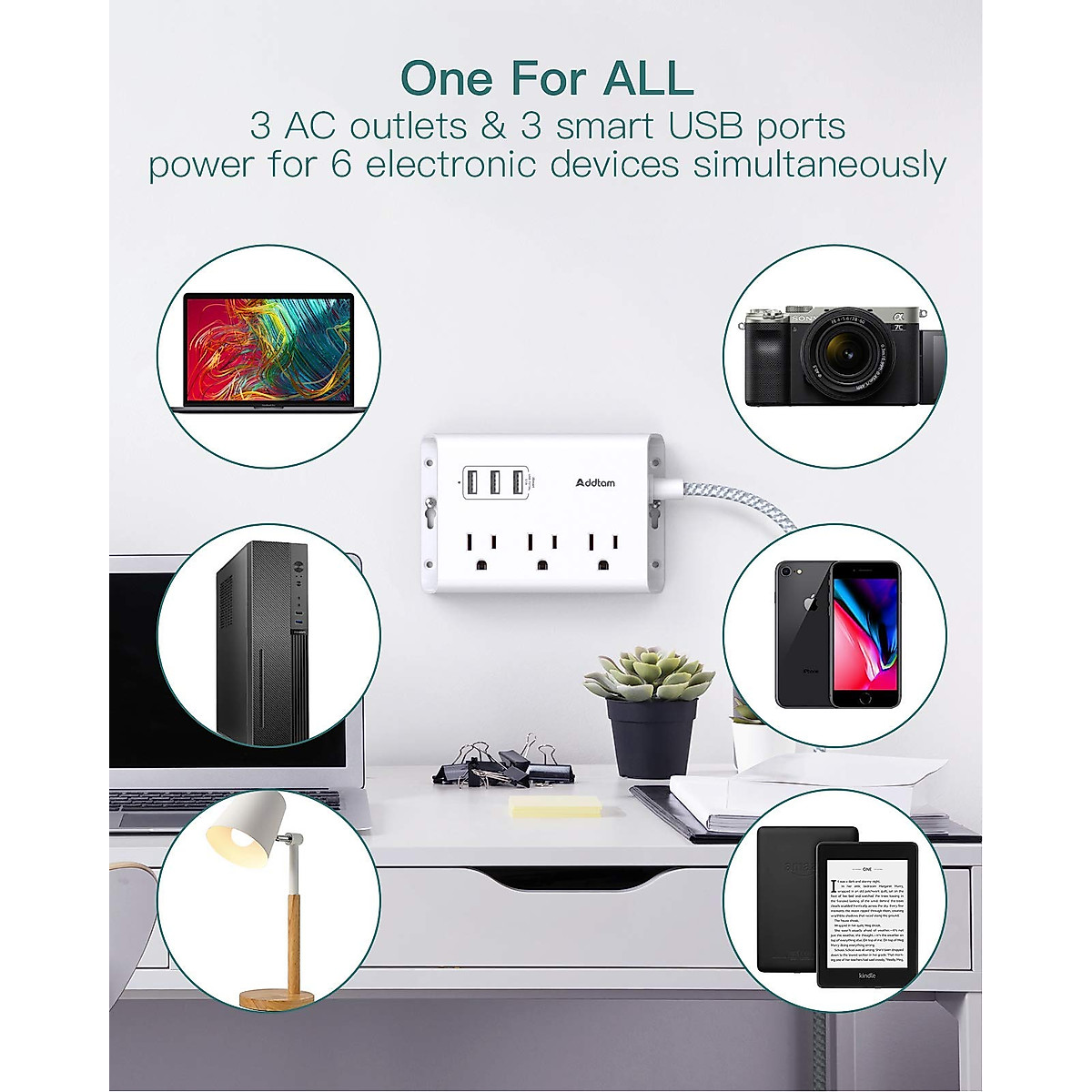 Power Strip with USB, Addtam ETL Certificate Flat Plug Extension Cord with 3 USB Ports, 3 Widely Spaced Outlets, 5 Feet Braided Cord, Desktop Small Travel Power Strip, White+ Black