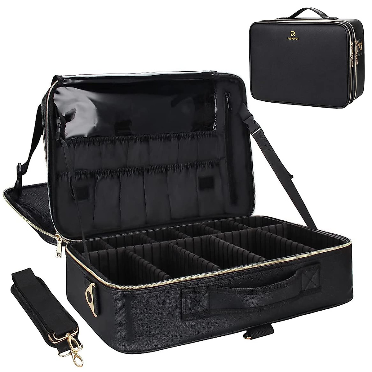 Relavel Makeup Case Large Makeup Bag Professional Train Case 16.5 inches Travel Cosmetic Organizer Brush Holder Waterproof Makeup Artist Storage Box, 3 Layer Large Capacity, with Adjustable Strap