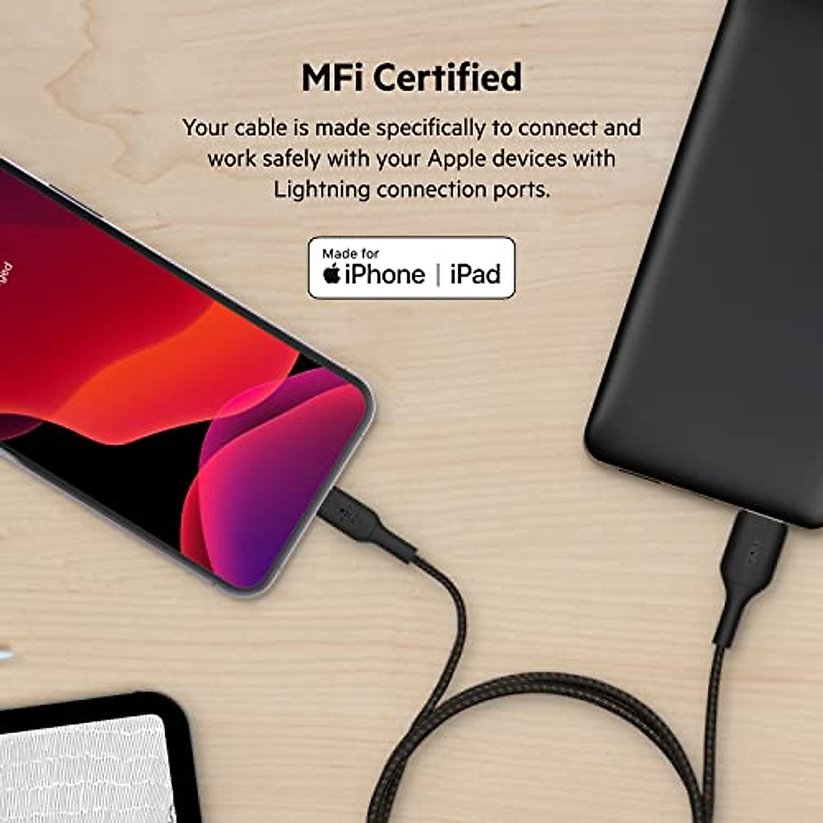 Belkin BoostCharge Braided Lightning Cable - 3.3ft/1M - MFi Certified Apple iPhone Charger USB to Lightning Cable - iPhone Cable - iPhone Charger Cord - Apple Phone Charger - Black