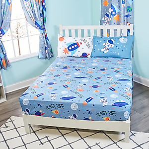 EVERYDAY KIDS Blast Off in Outer Space Twin Size Bed Sheet Set for Kids with Galaxy Design of Rockets and UFOs; Boys 3-Piece Twin Size Sheets Set Includes Flat Sheet, Fitted Sheet and Pillowcase