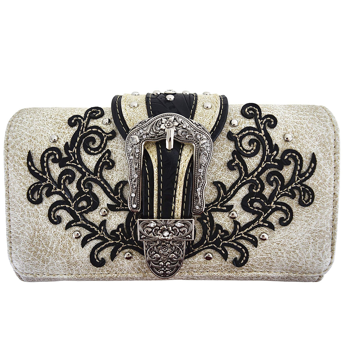 Western Style Tooled Leather Buckle Concealed Carry Purse Country Handbag Women Shoulder Bag Wallet Set (Beige Set)