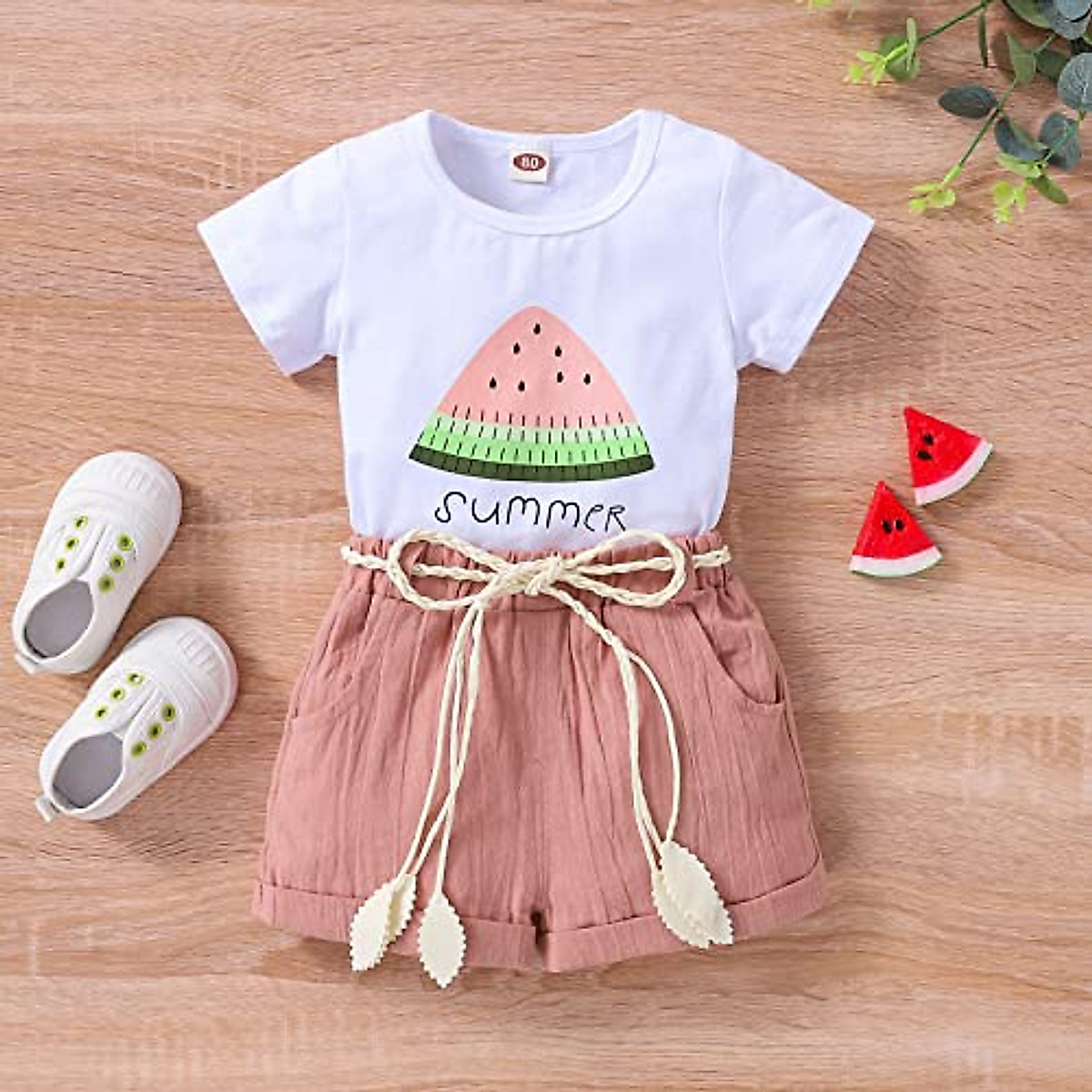 Aimaopao Toddler Baby Girls Summer Clothes Watermelon Print T-shirt Linen Short Sets With Belt Outfits for 1-5 Years Old (Watermelon Pink, 3-4T)