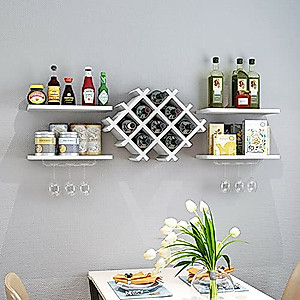 Wine Rack Wall Mounted, Wall Mount Wine Rack with Wine Glass Holder, Wall Holder White Floating Wine Shelf Holder with 8 Wine Bottle Holders for Home Kitchen