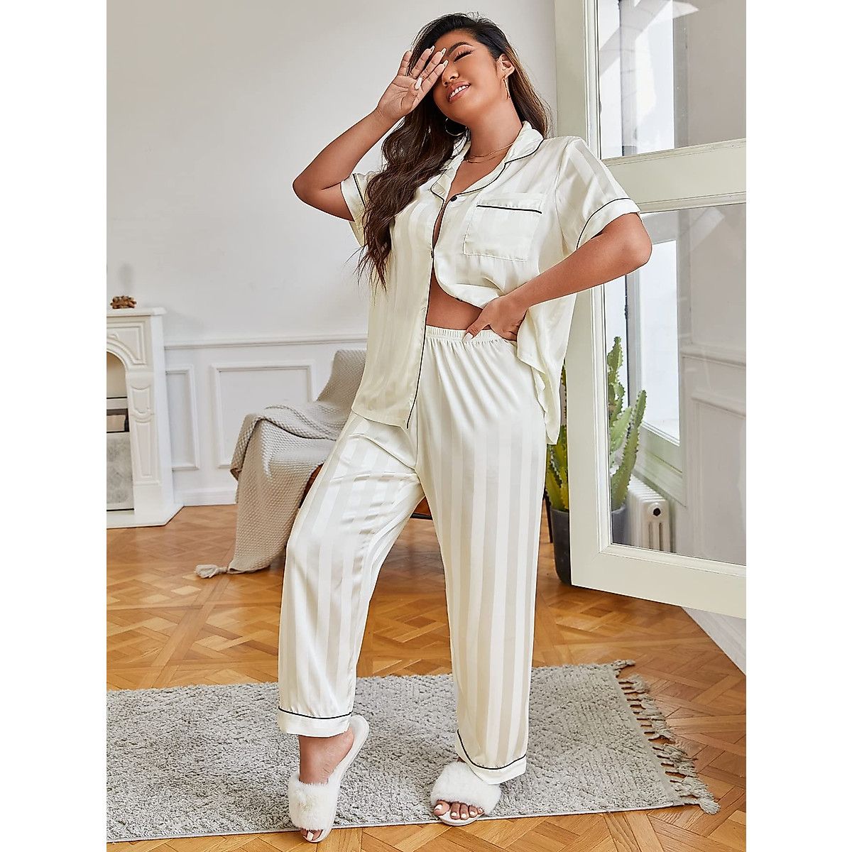 OYOANGLE Women's Plus Size Satin Pajama Set Silky Short Sleeve Button Down Tops and Pants Sleepwear Loungewear White 3XL
