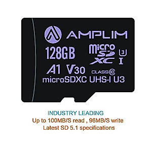 Amplim Micro SD Card 128GB, Extreme High Speed MicroSD Memory Plus Adapter, MicroSDXC SDXC U3 Class 10 V30 UHS-I TF Nintendo-Switch, Go Pro Hero, Surface, Phone Galaxy, Camera Security Cam, Tablet