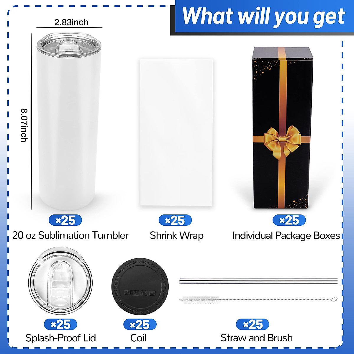 Joyclub 25 Pack 20 oz Sublimation Tumblers Bulk Sublimation Blanks for Heat Transfer Double Wall Insulated Straight SkinnyTumbler with Individually Gift Box and Shrink Wrap Film