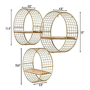 kimisty Set of 3 Gold Round Floating Shelves, Circular Wall Shelves as Boho Bathroom, Living Room, Kitchen & Bedroom Decor, Metal Wire Mesh Sconce Shelf, Circle Accent Display