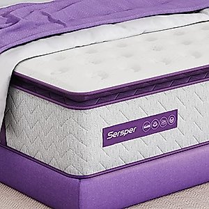 Sersper 12 Inch Memory Foam Hybrid Pillow Top Queen Mattress - 5-Zone Pocket Innersprings Motion Isolation -Heavier Coils for Durable Support -Medium Firm -Made in North America